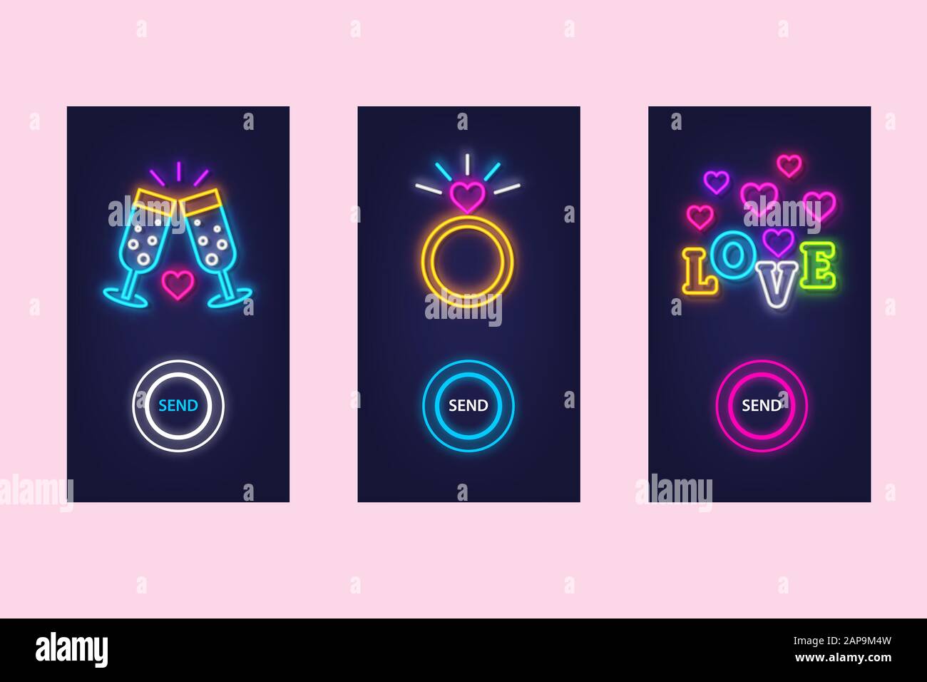 Love mobile app set with neon glow icons. Virtual love. UI design ...