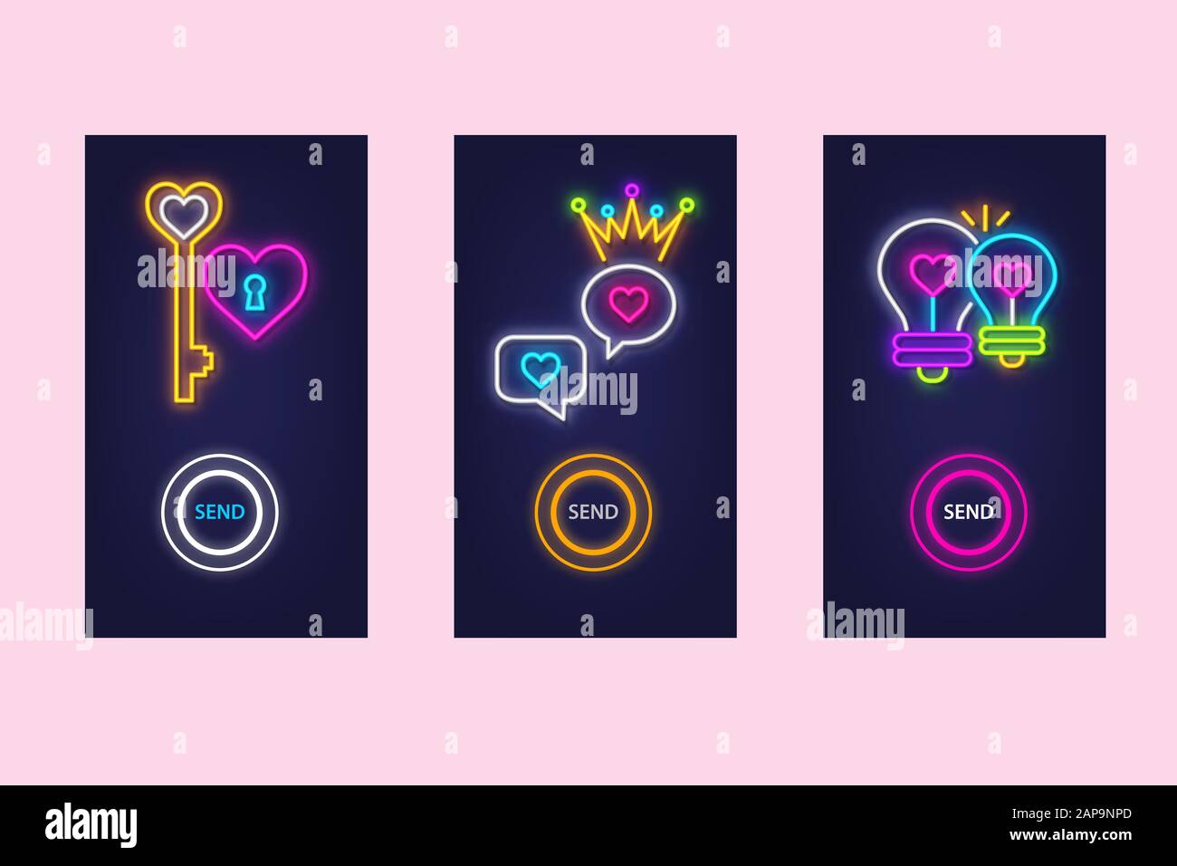 Love mobile app set with neon glow icons. Virtual love. UI design ...