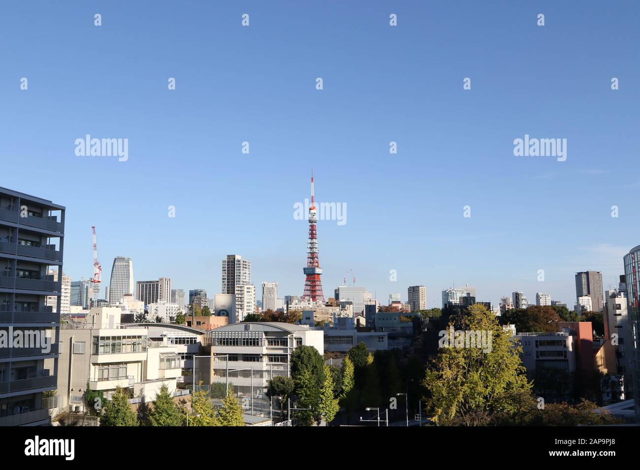 Cityscape with Tokyo Tower in front of blue sky, Tokyo, Japan Stock ...