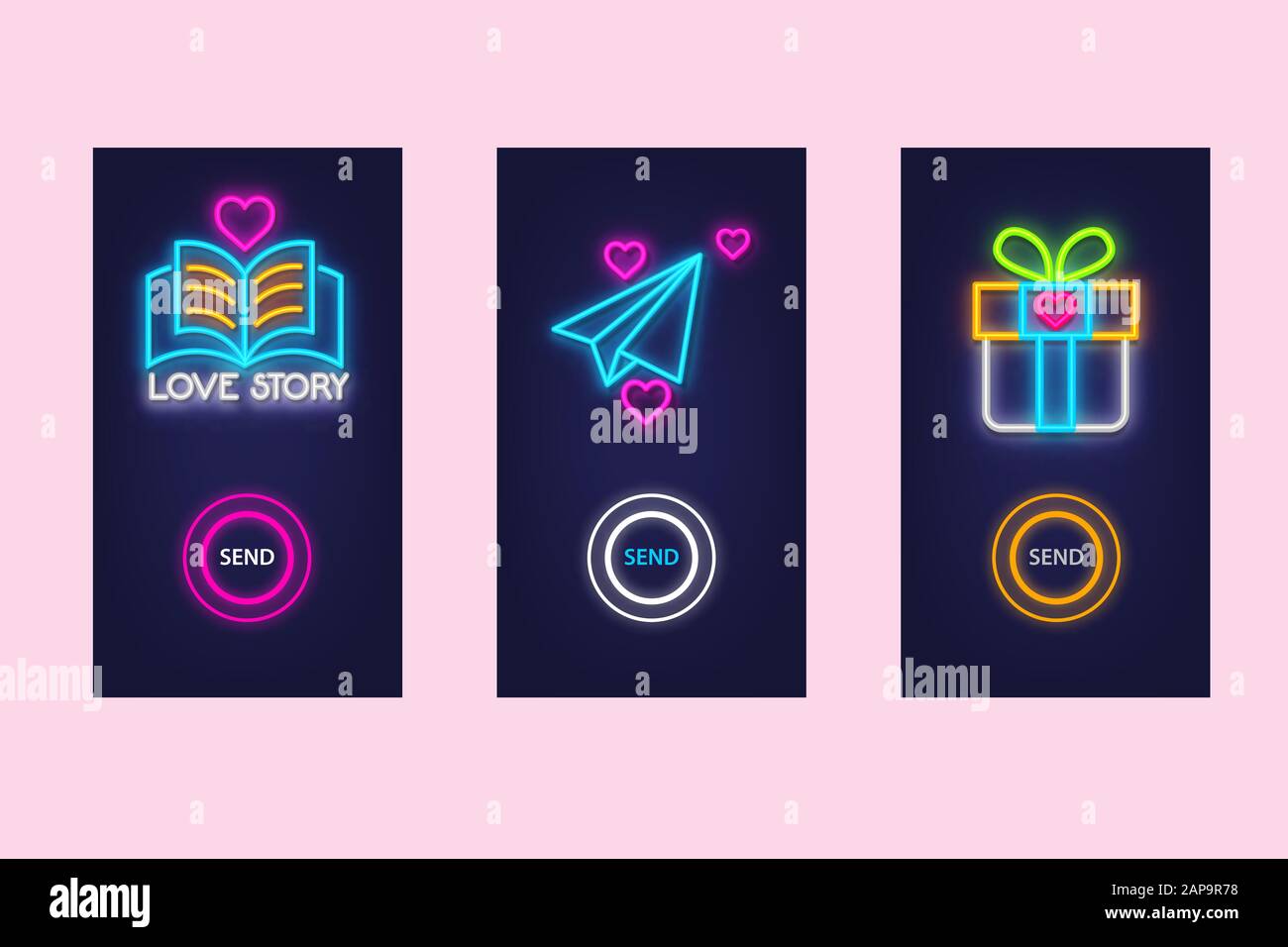 Love mobile app set with neon glow icons. Virtual love. UI design ...