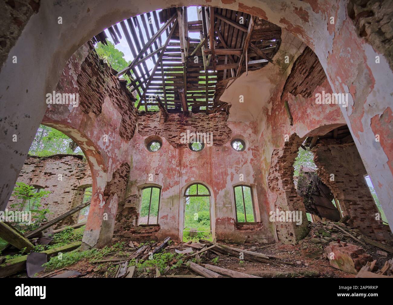 Interior view of the old abandoned St. Nicholas Church ruins in Estonia ...