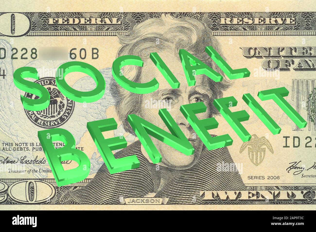 3D illustration of SOCIAL BENEFIT title on Five Dollars bill as a ...