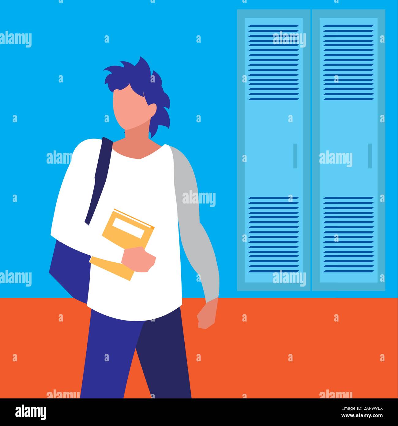 Boy student in front of school lockers design, Eduaction class lesson ...