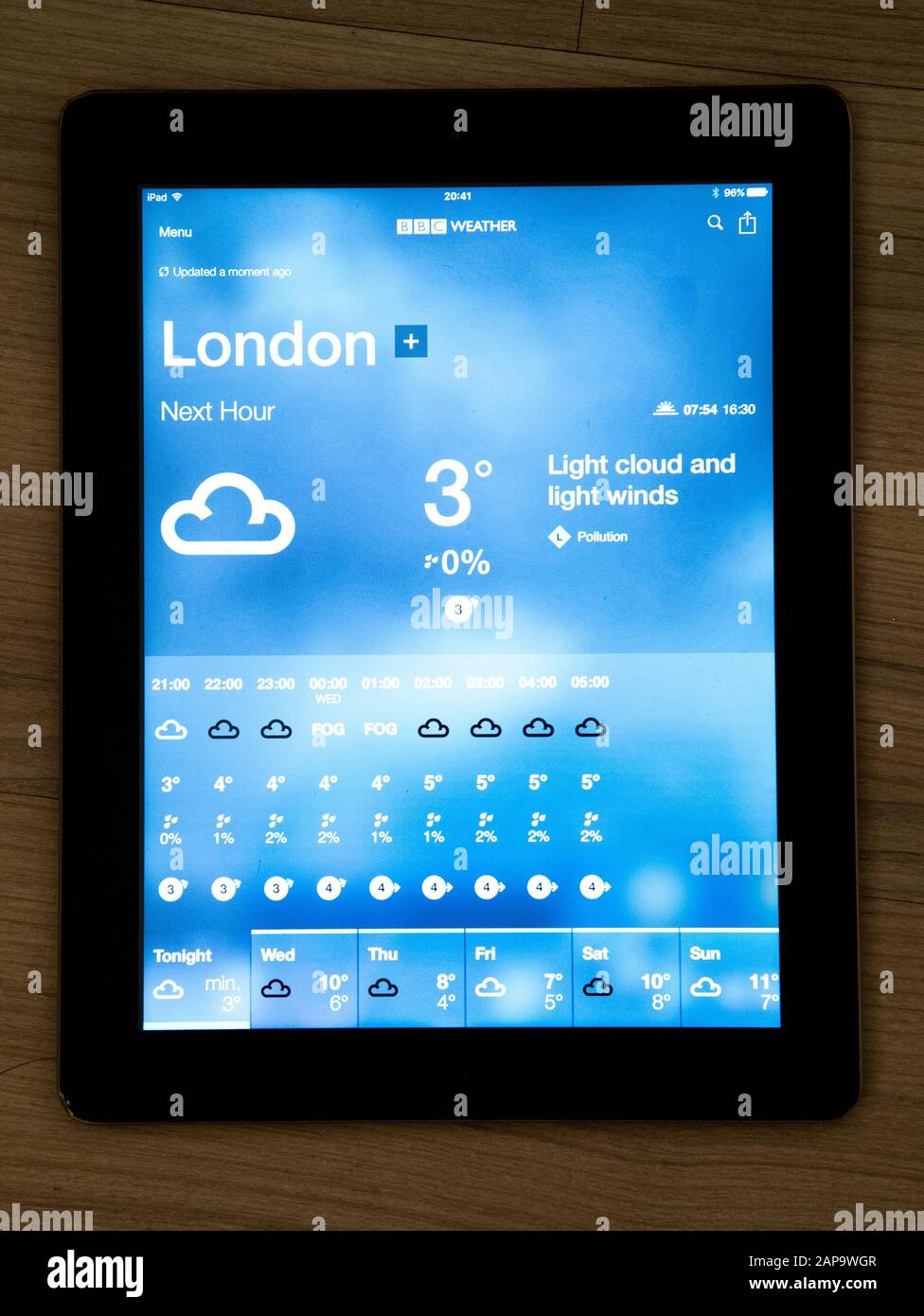 BBC Weather app on an iPad. Picture date: Tuesday January 21, 2020 ...