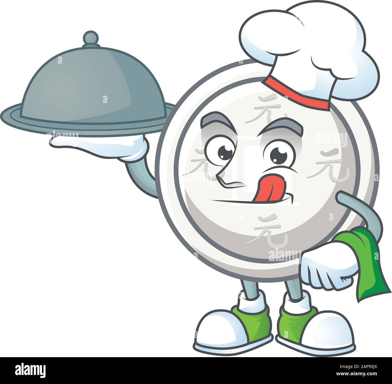 cartoon design of chinese silver coin as a Chef having food on tray ...