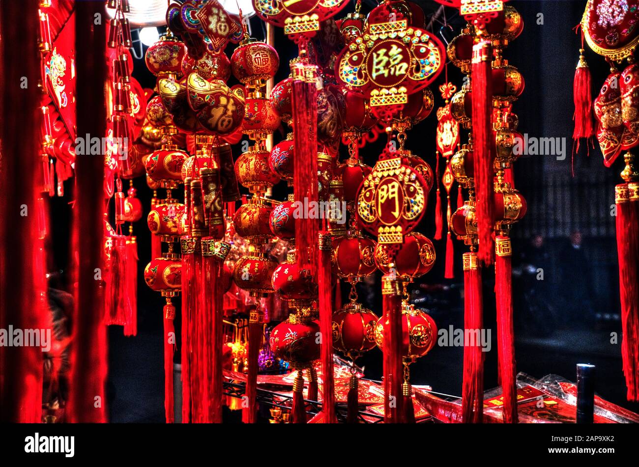 Selective focus on red chinese decorations in Chinatown, New York City ...