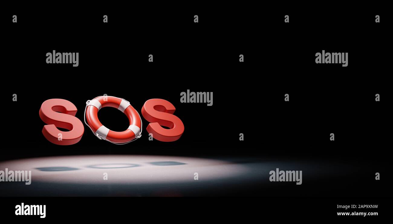 SOS Text Lifebelt Spotlighted on Black Background 3D Illustration Stock ...