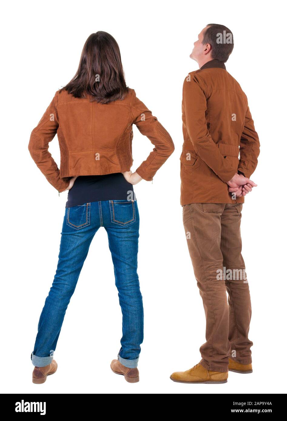 Back view of couple in winter jacket. beautiful friendly girl and guy ...