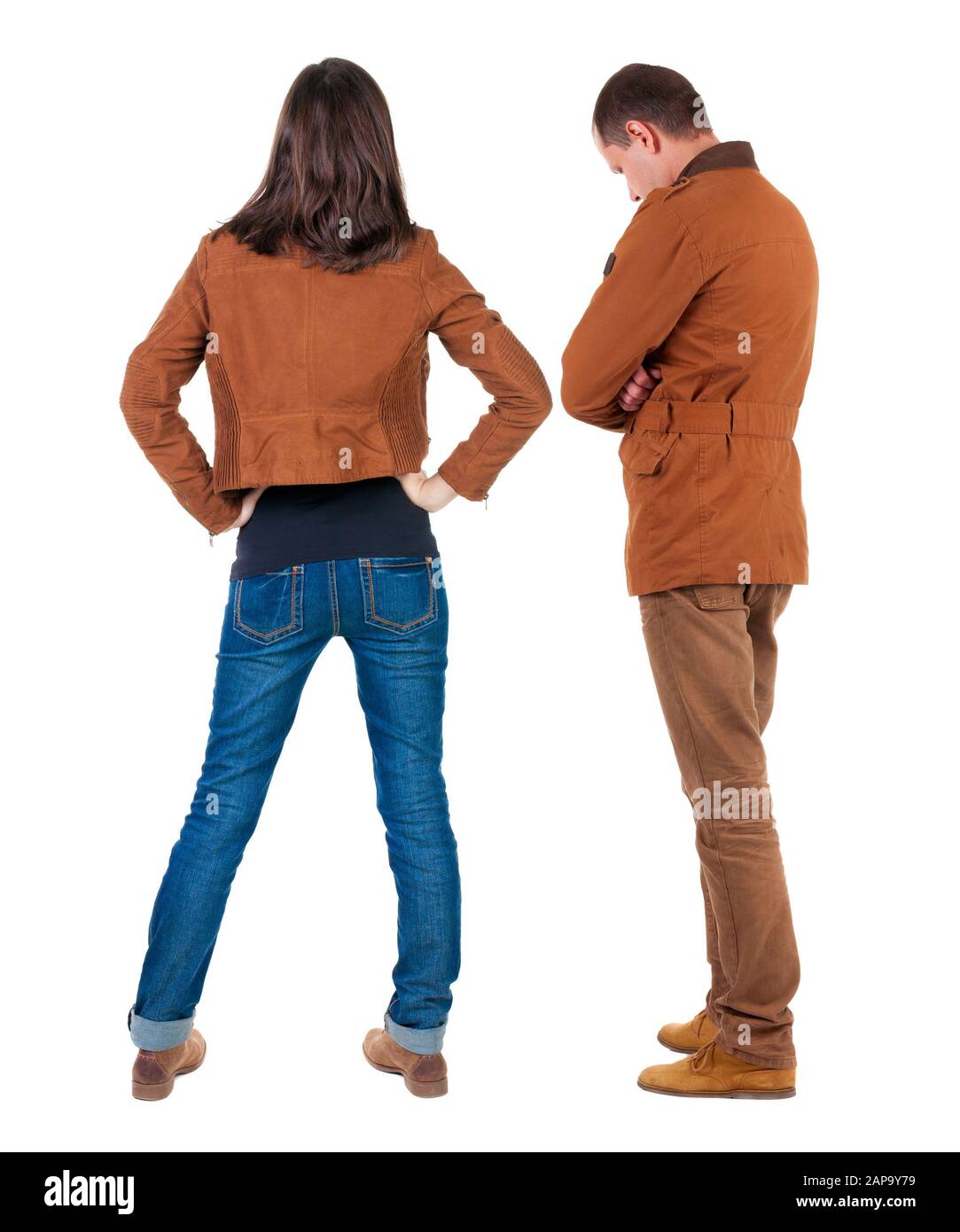 Back view of couple in winter jacket. beautiful friendly girl and guy ...