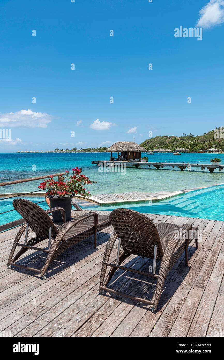 Waterfront deckchairs, Sofitel hotel complex, Marara Beach, Bora Bora ...
