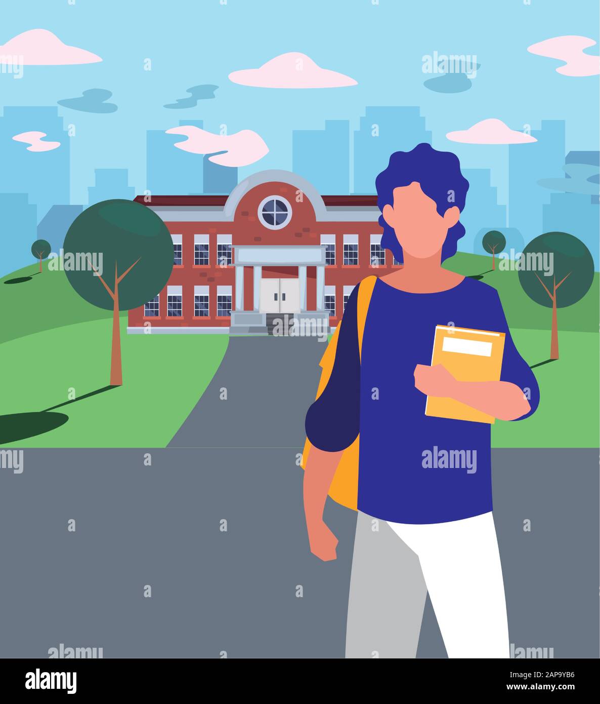 Boy student in front of school building design, Eduaction class lesson ...