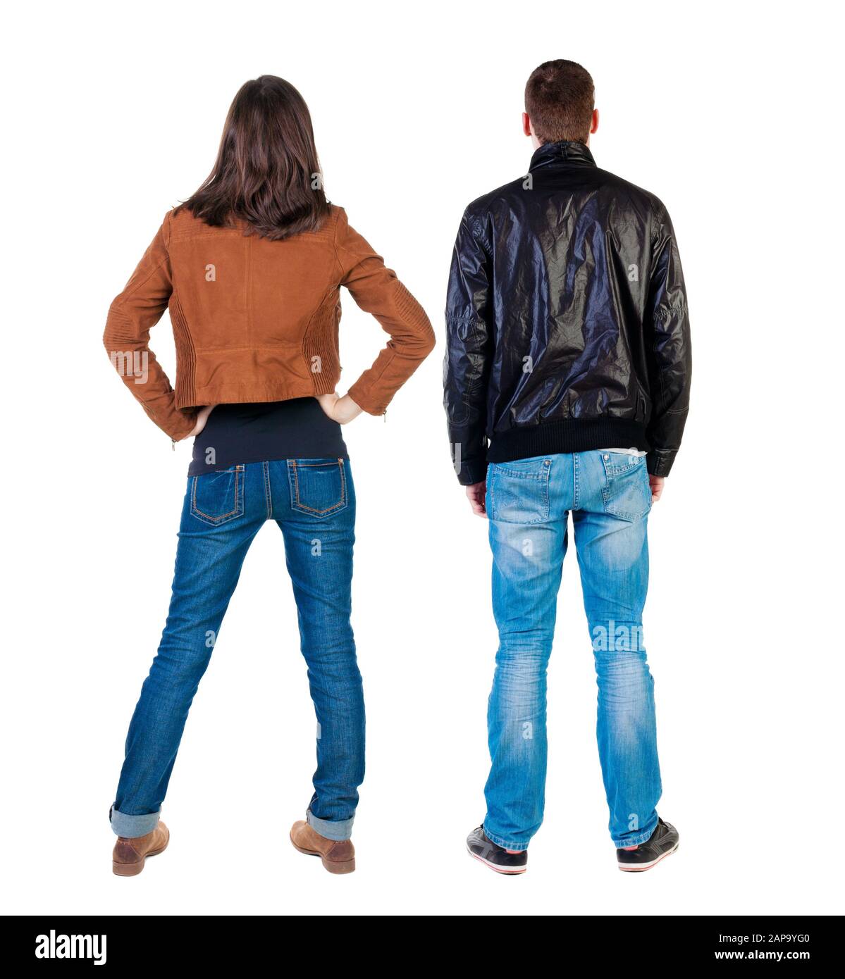 Back view of couple in winter jacket. beautiful friendly girl and guy ...