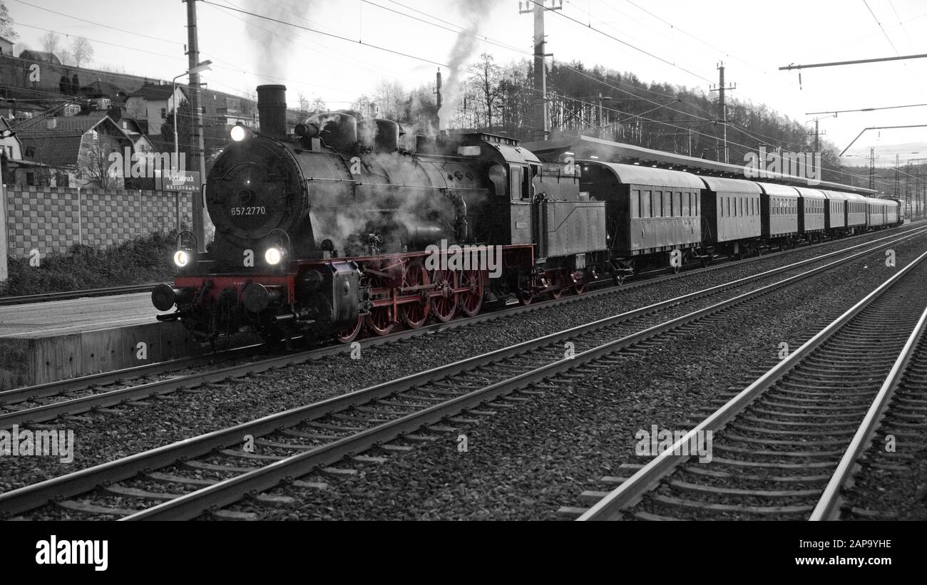Historic railway with OeBB steam engine of the 657 series ...