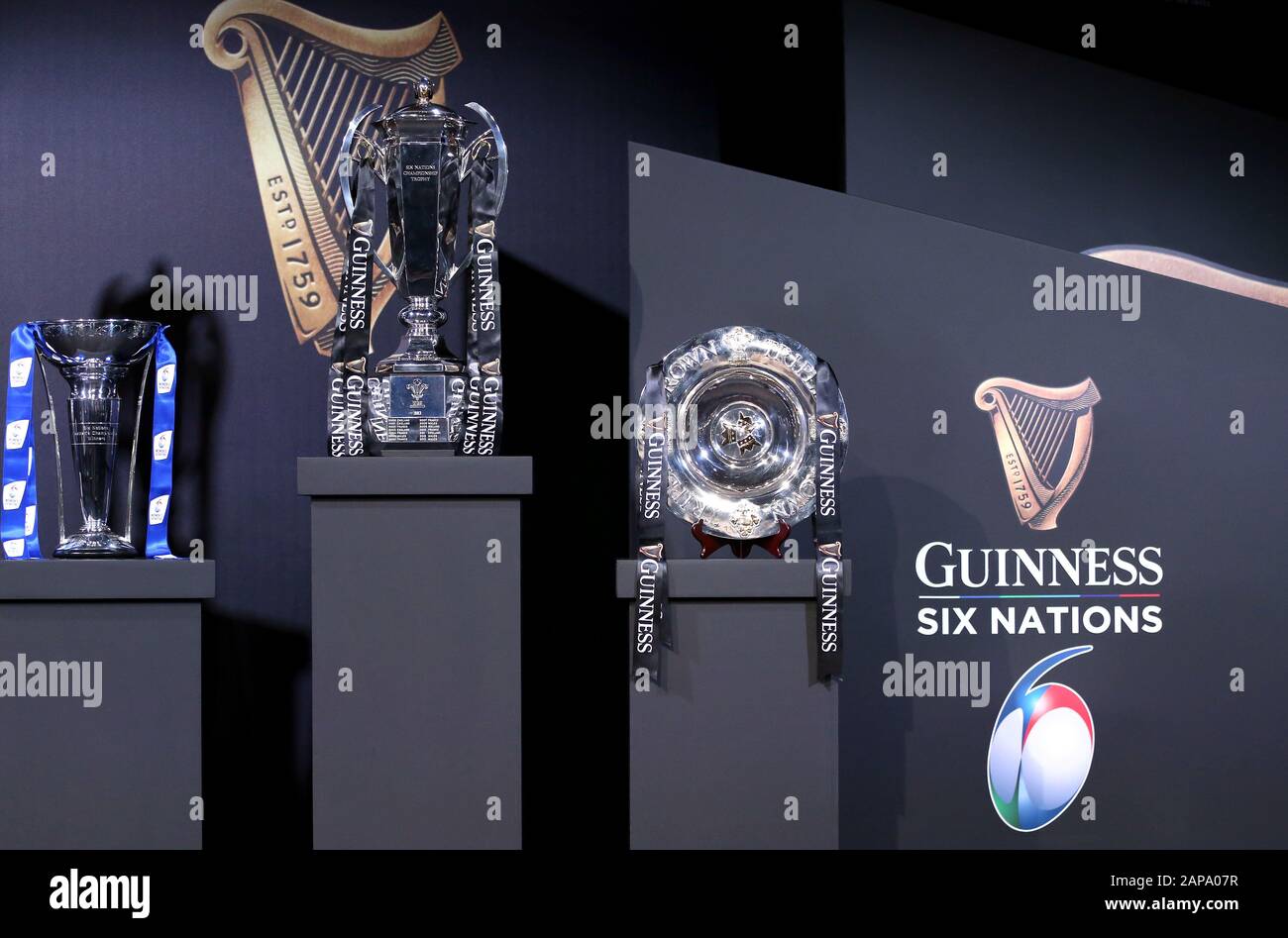 A general view of the trophies during the Guinness Six Nations launch ...