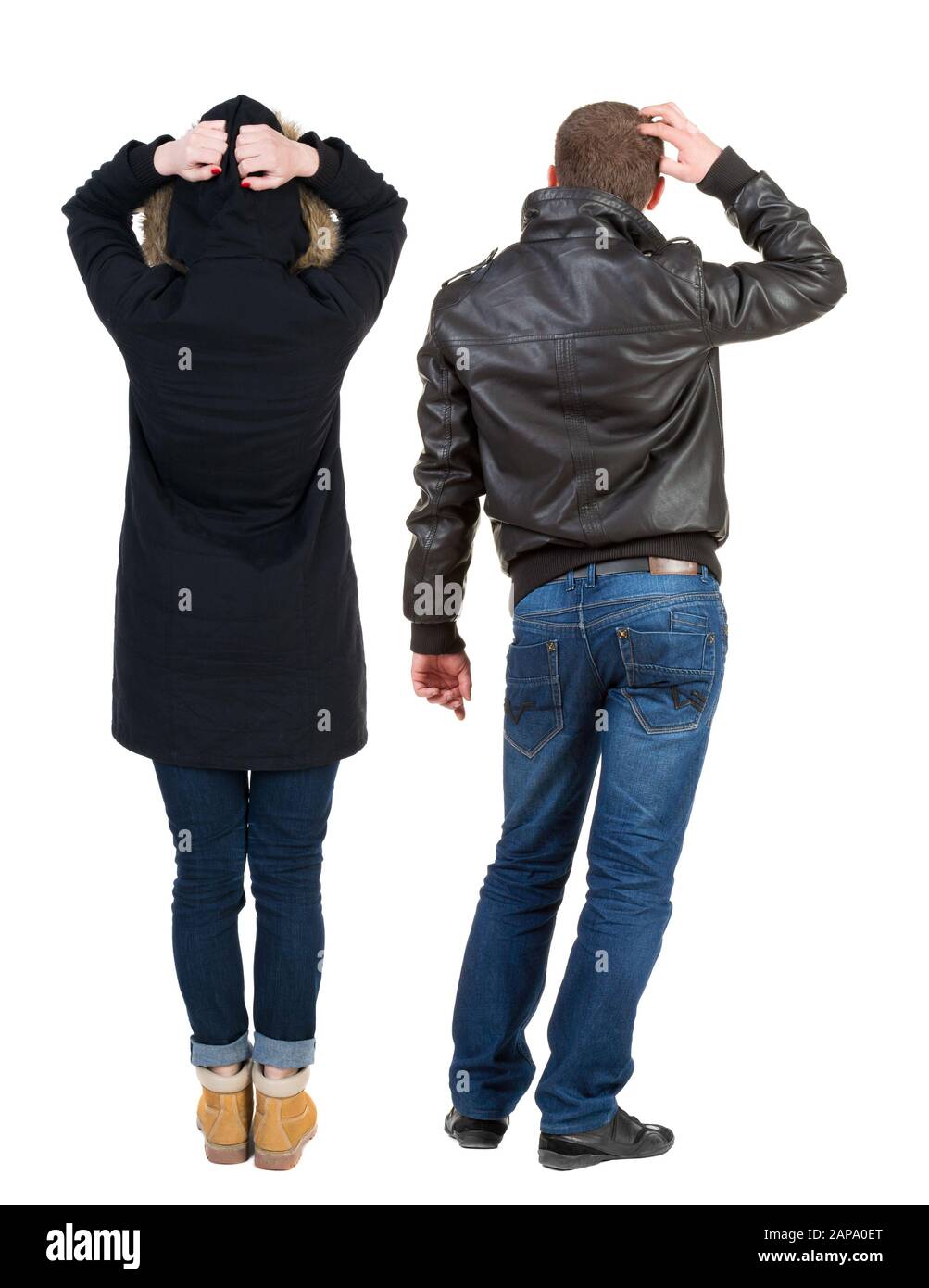 Back view of couple in winter jacket. beautiful friendly girl and guy ...