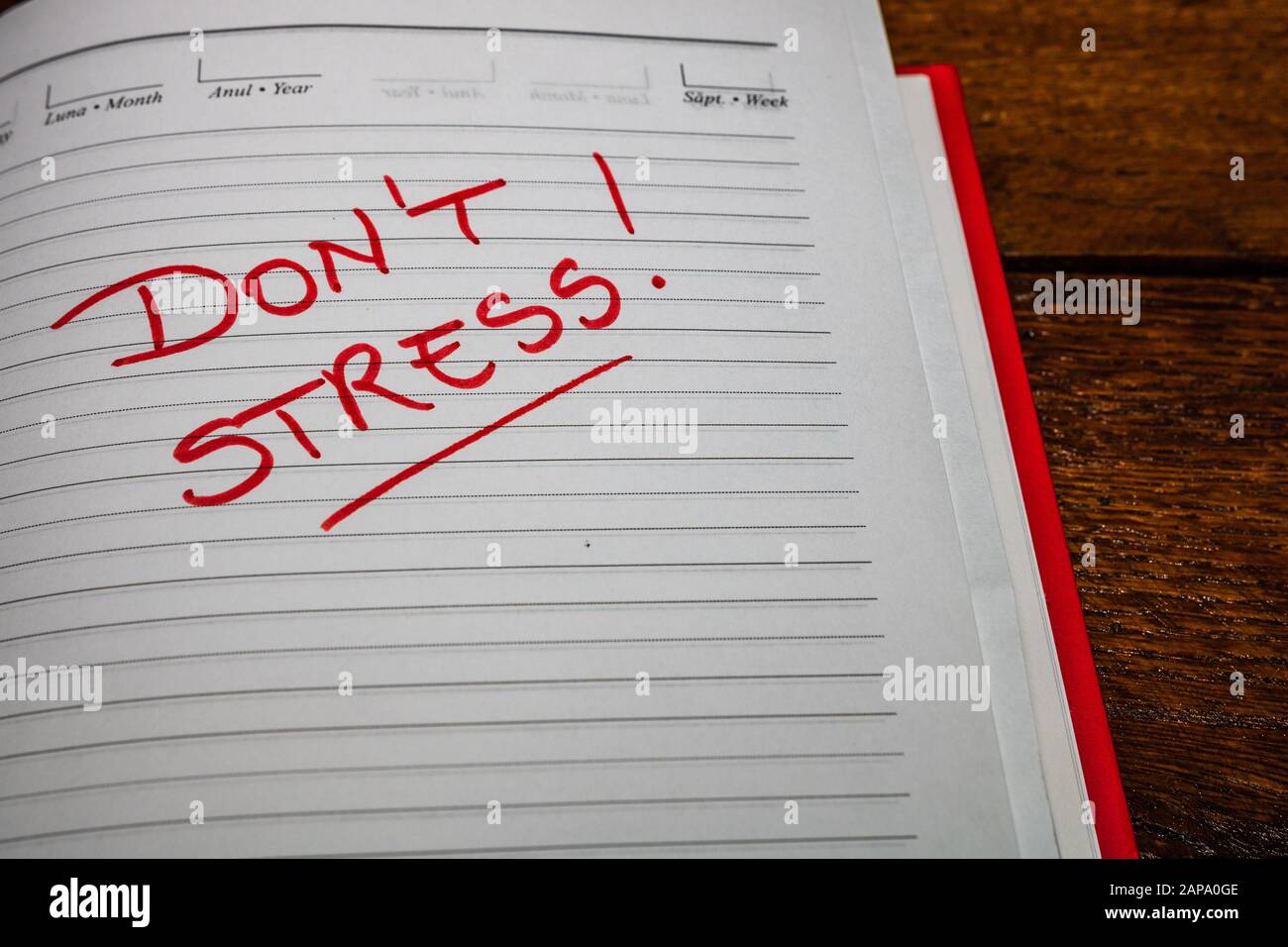 Do not stress, handwriting text on page of office agenda. Copy space ...