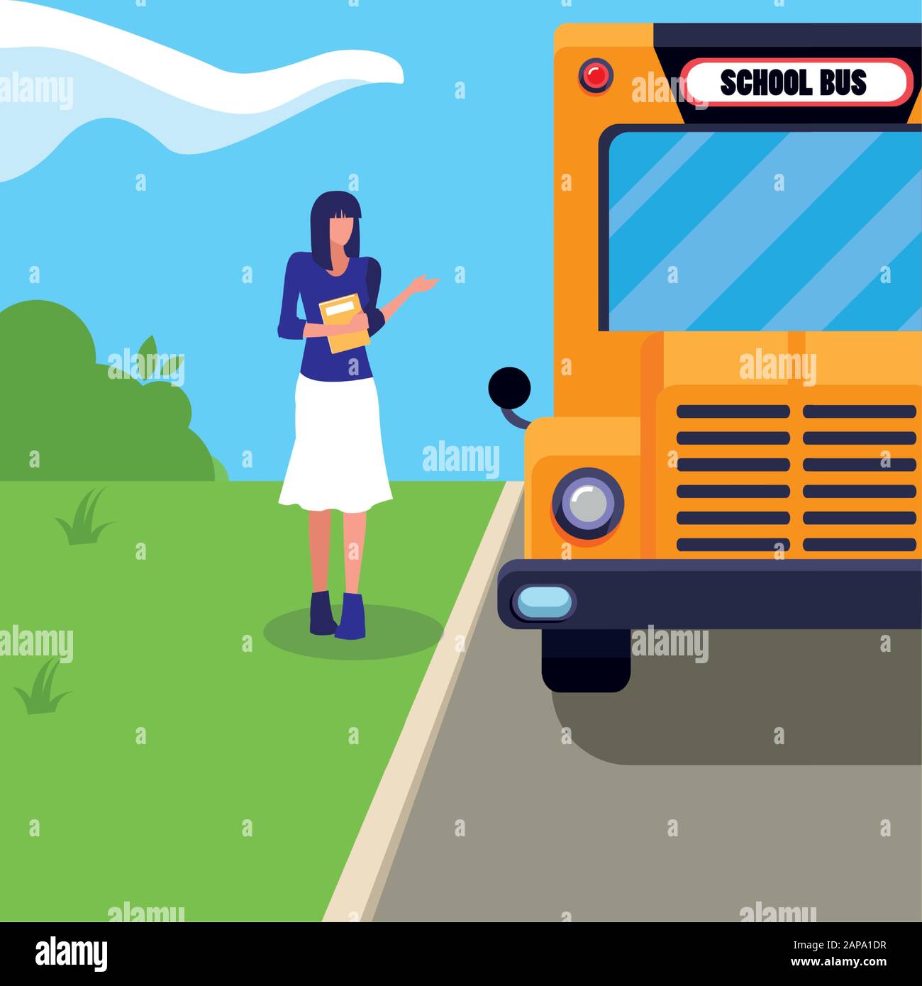 Girl student in front of school bus design, Eduaction class lesson ...