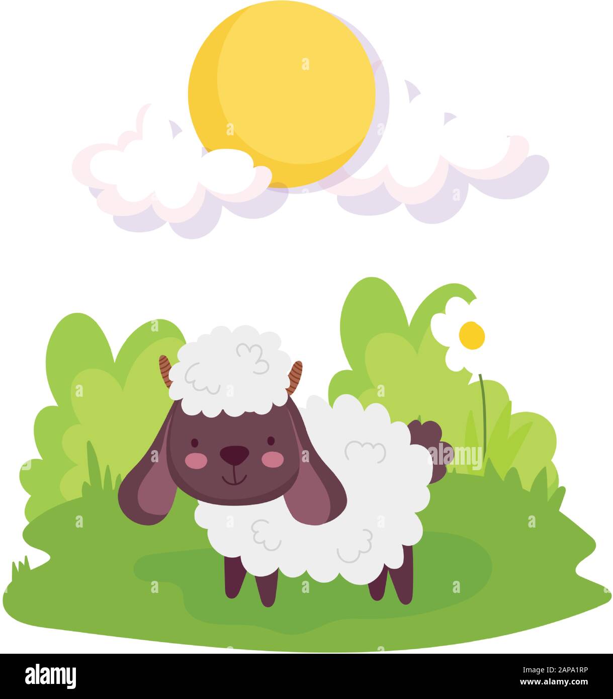 cute sheep flowers grass sun farm animal cartoon vector illustration ...