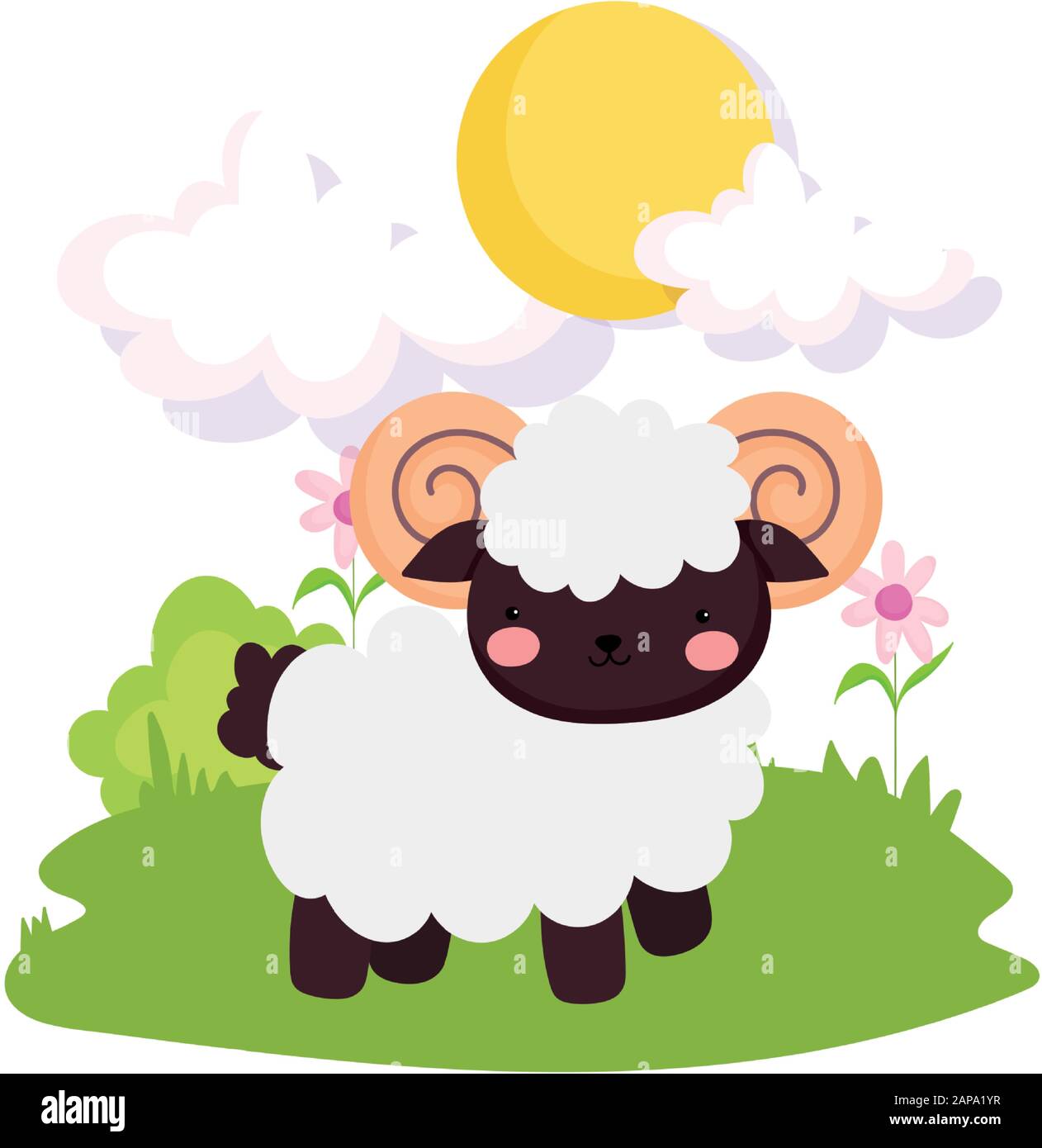 ram flowers meadow sun farm animal cartoon vector illustration Stock ...