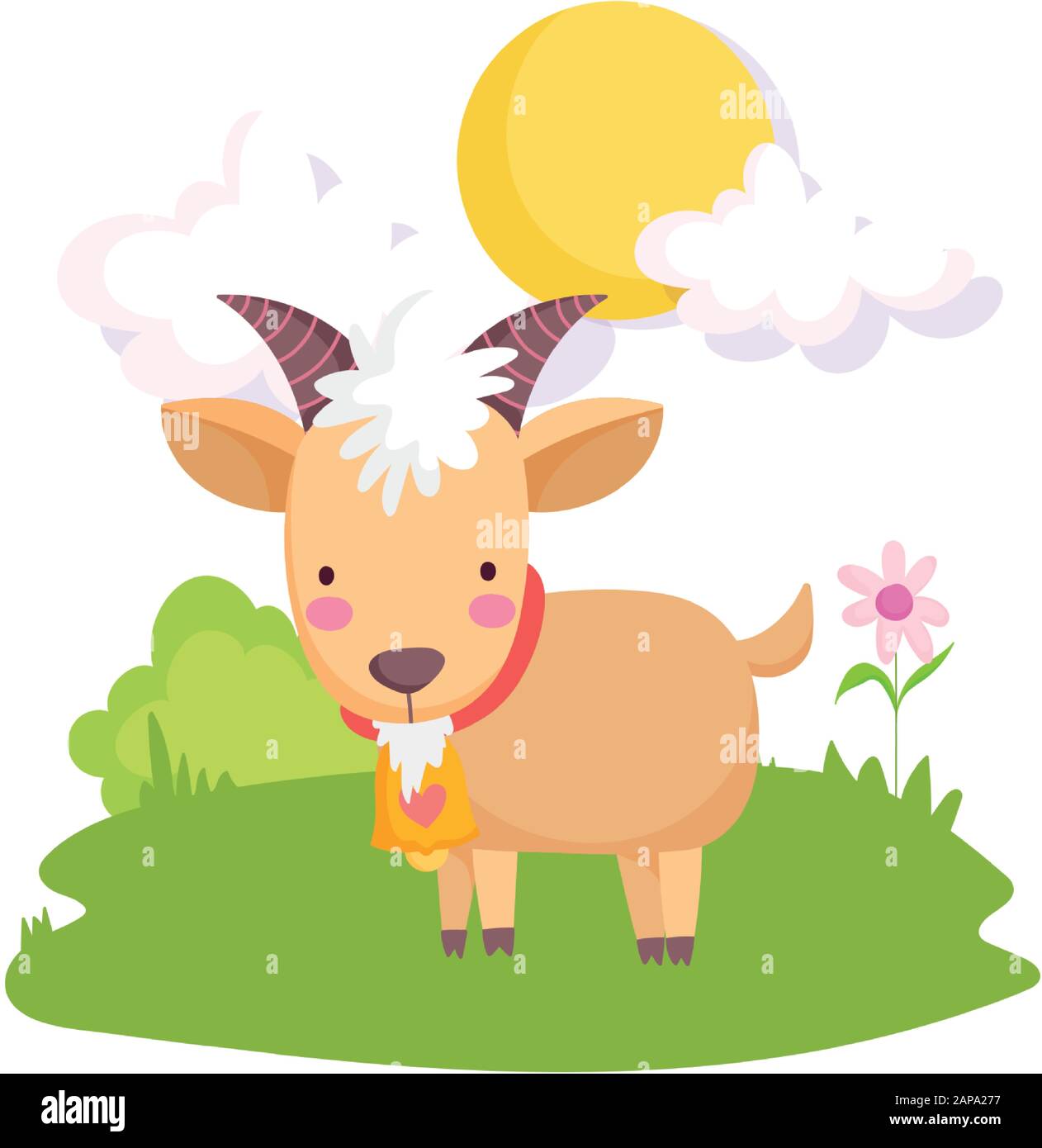 goat with bell flower grass sun farm animal cartoon vector illustration ...