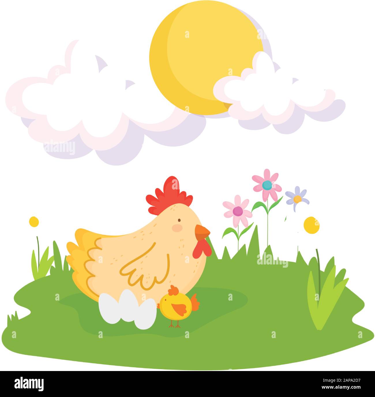 cute hen chicken and eggs flowers grass sun farm animal cartoon vector ...