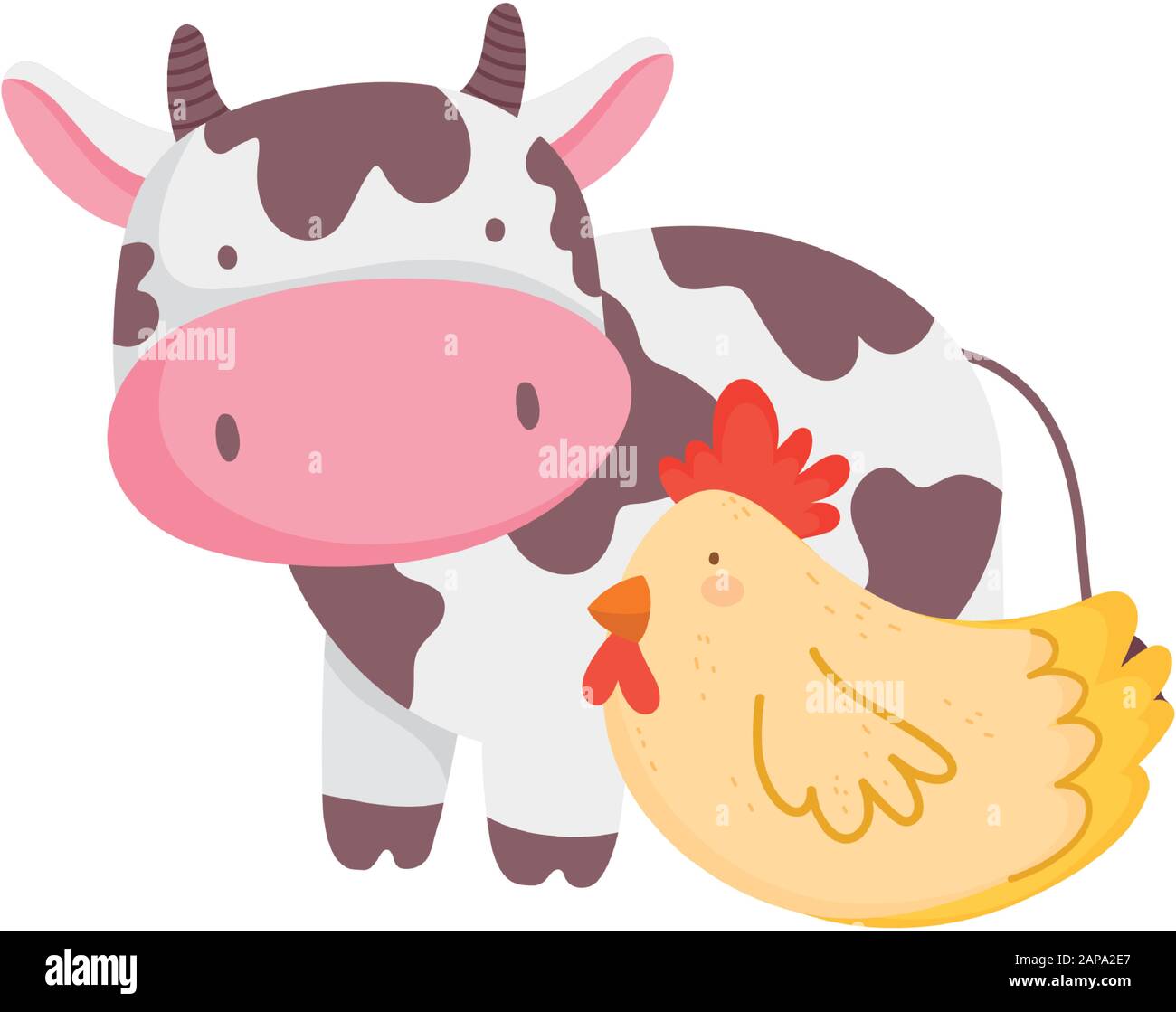 cow with chicken in head fence and fruits trees farm animal cartoon ...