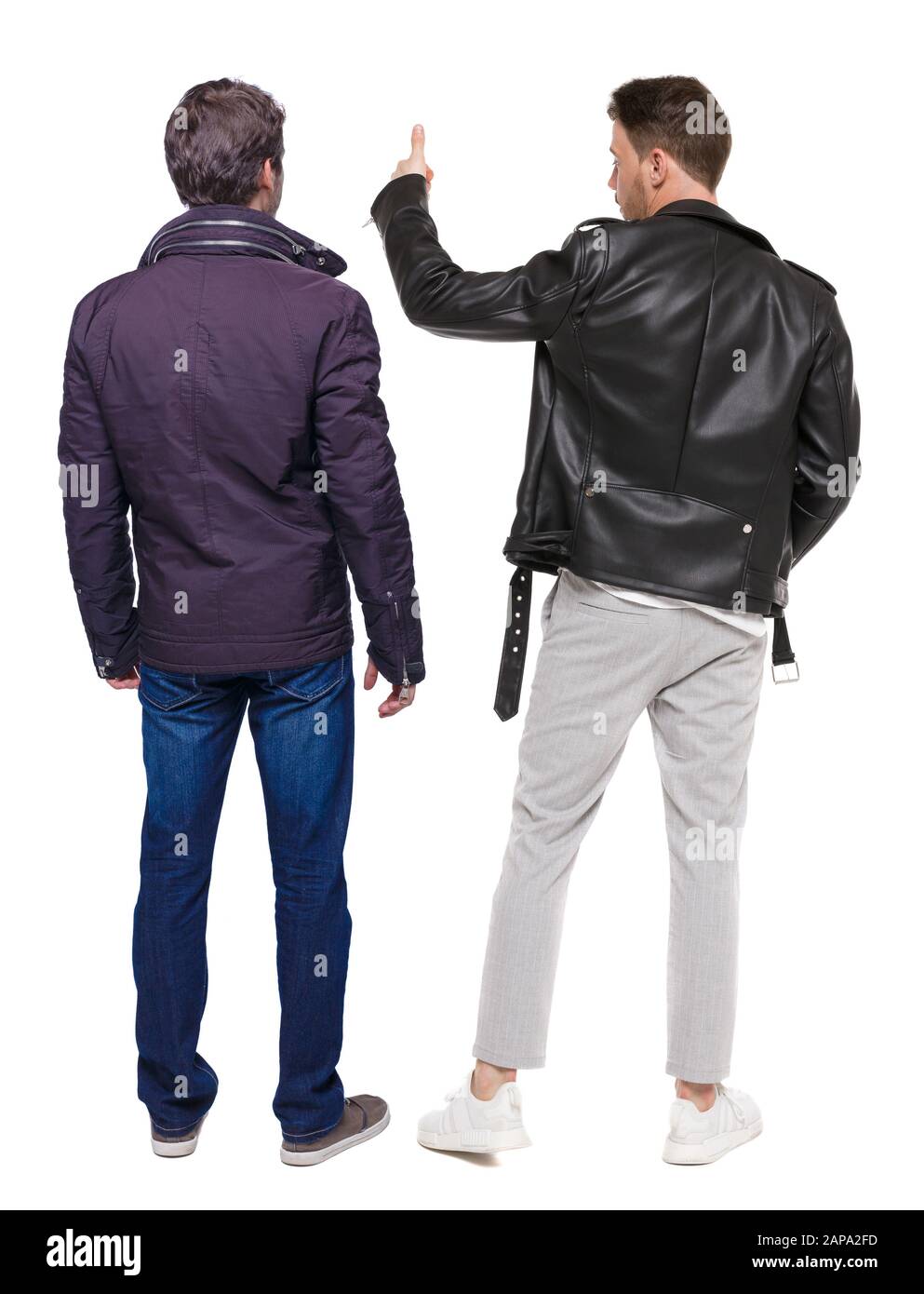 Back view of two man in winter jacket showing thumb up. Rear view ...