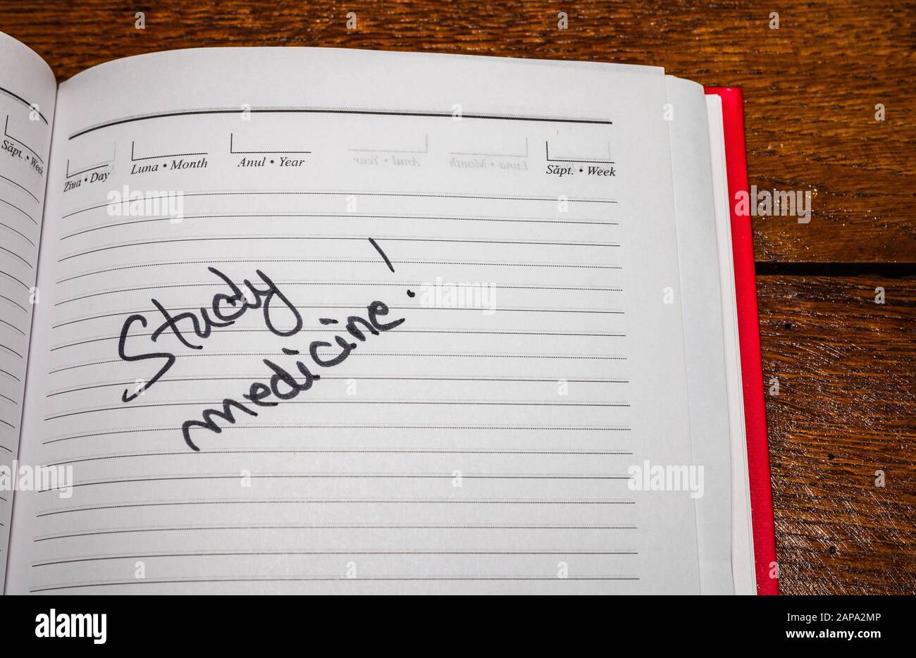 Study medicine, handwriting text on page of office agenda. Copy space ...