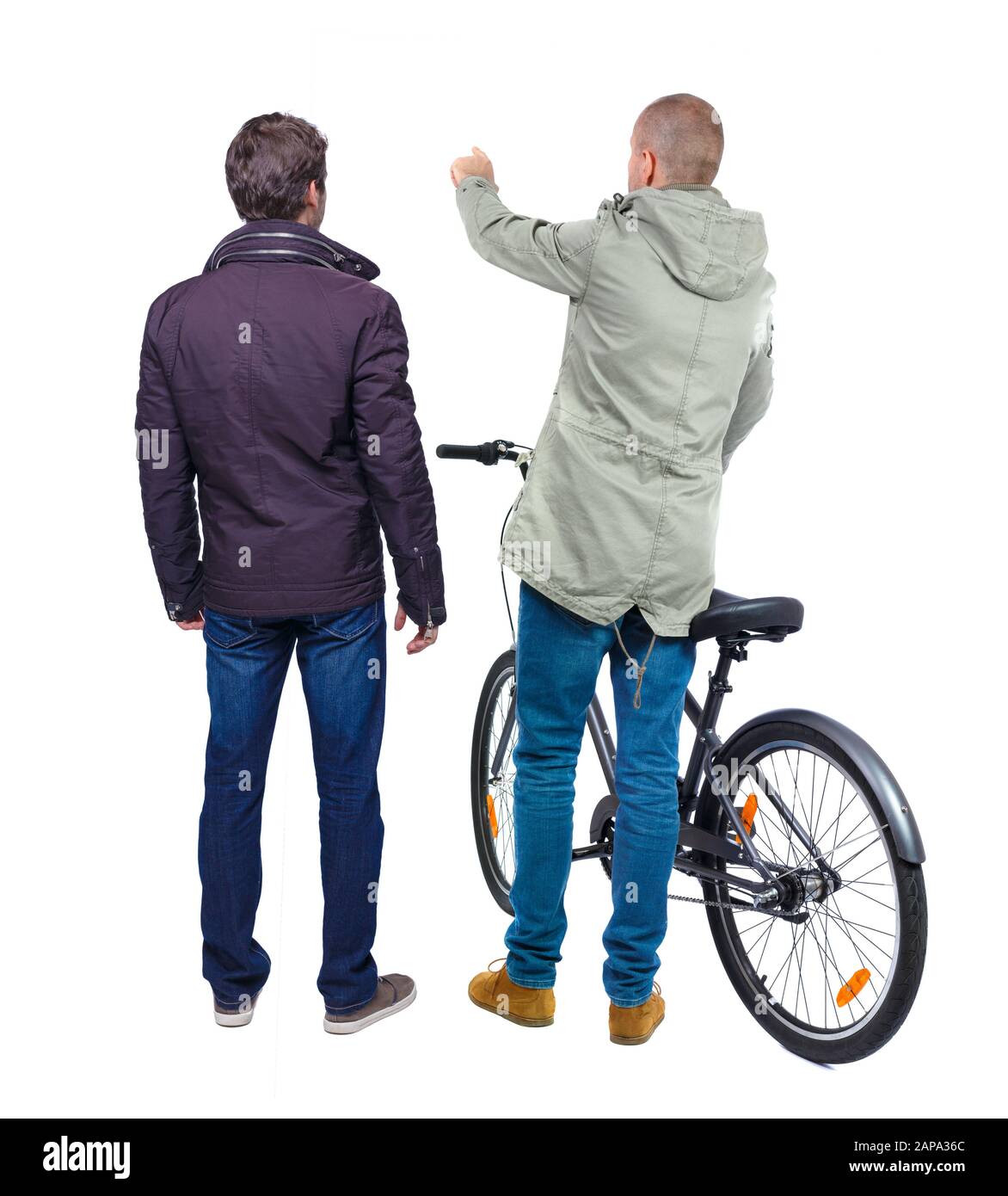 Back view of two man on a bicycle in winter jacket. Rear view people ...