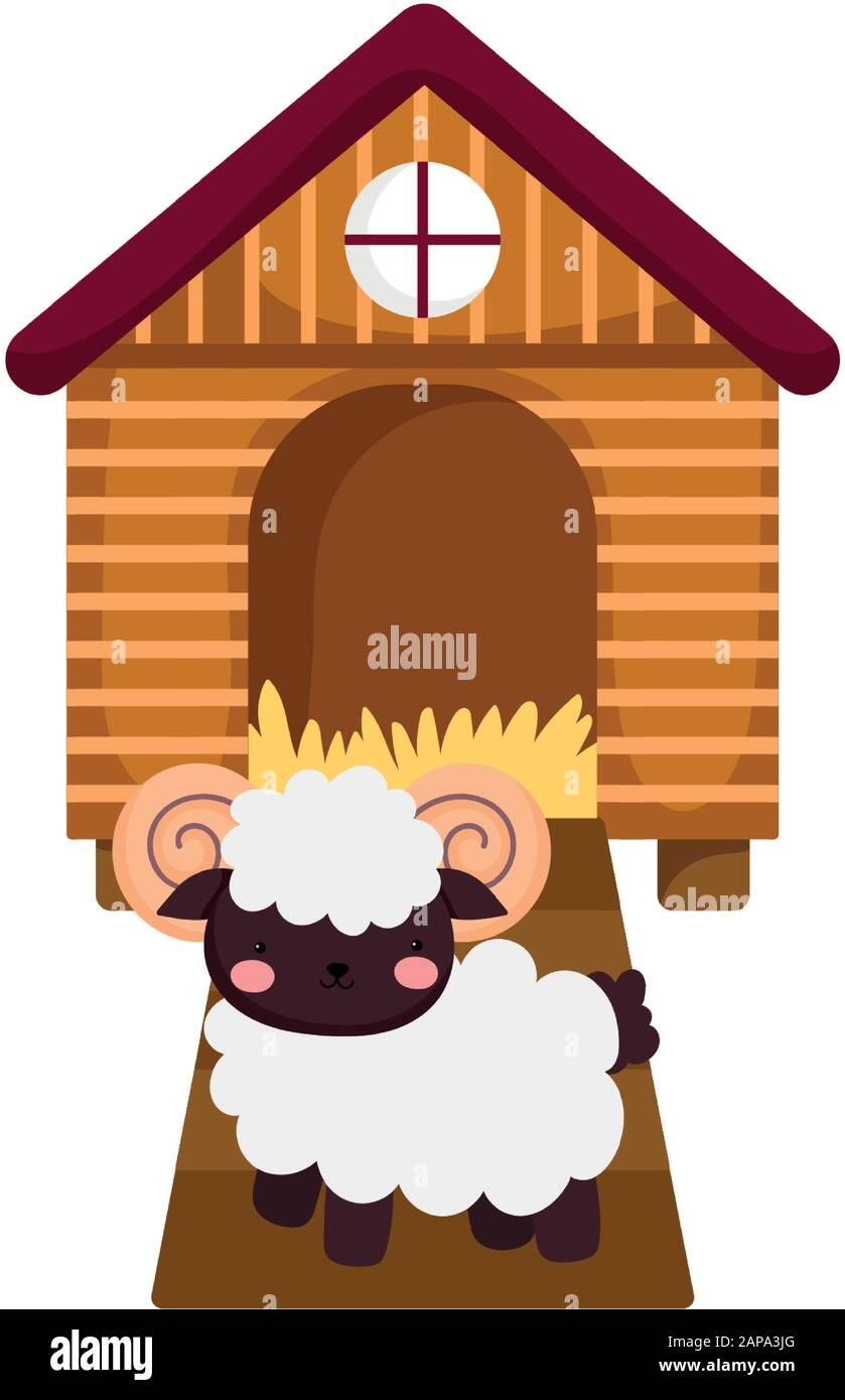 wooden house ram hay farm animal cartoon vector illustration Stock ...