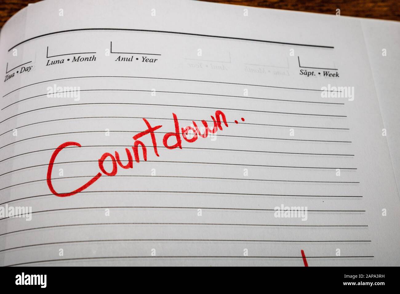 Countdown, handwriting text on page of office agenda. Copy space Stock ...