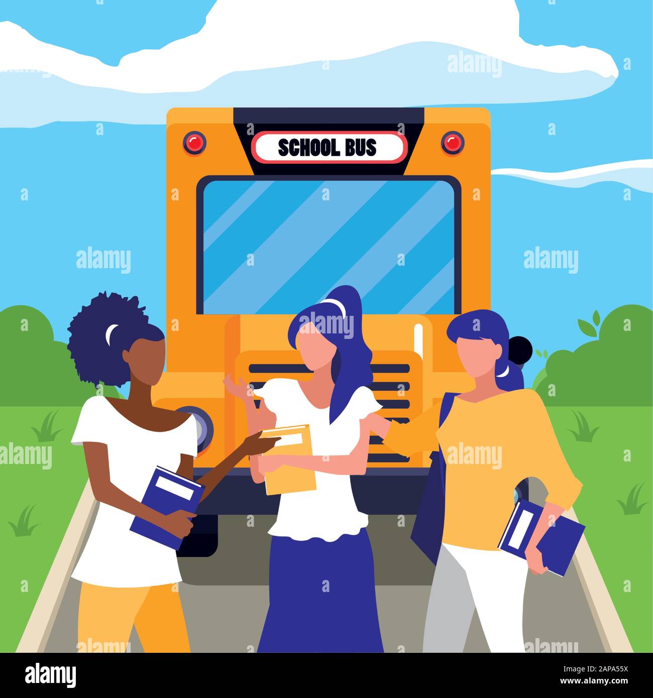 Girls students in front of school bus design, Eduaction class lesson ...