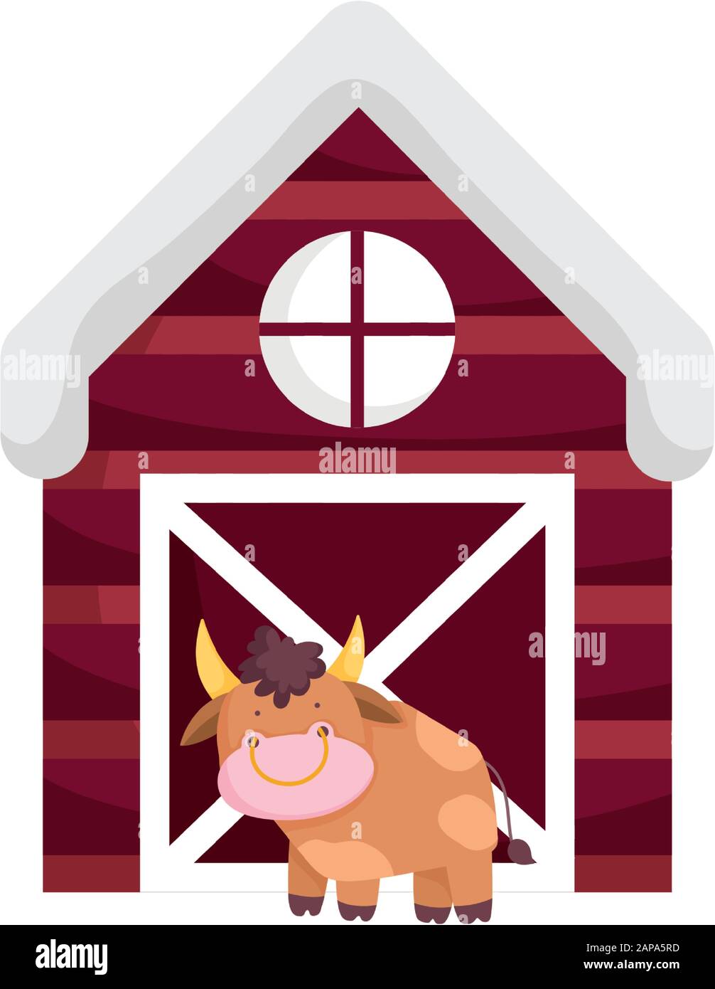 bull and barn wooden farm animal cartoon vector illustration Stock ...