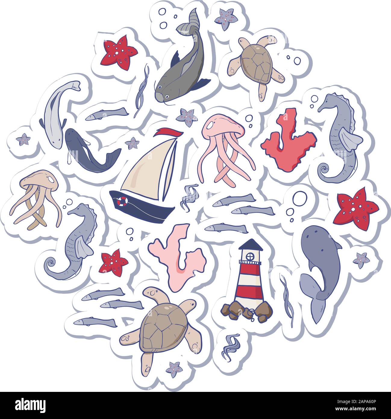 Vector illustration of the sea animals and others. Beautiful sea colors ...