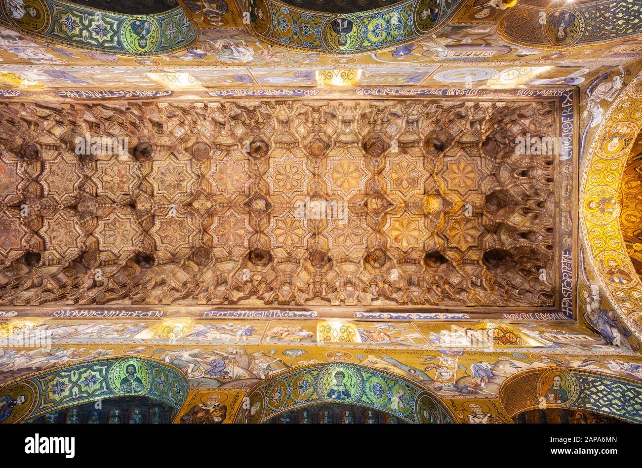 Shining ceiling of the Palatine Chapel. Royal chapel of the Norman ...