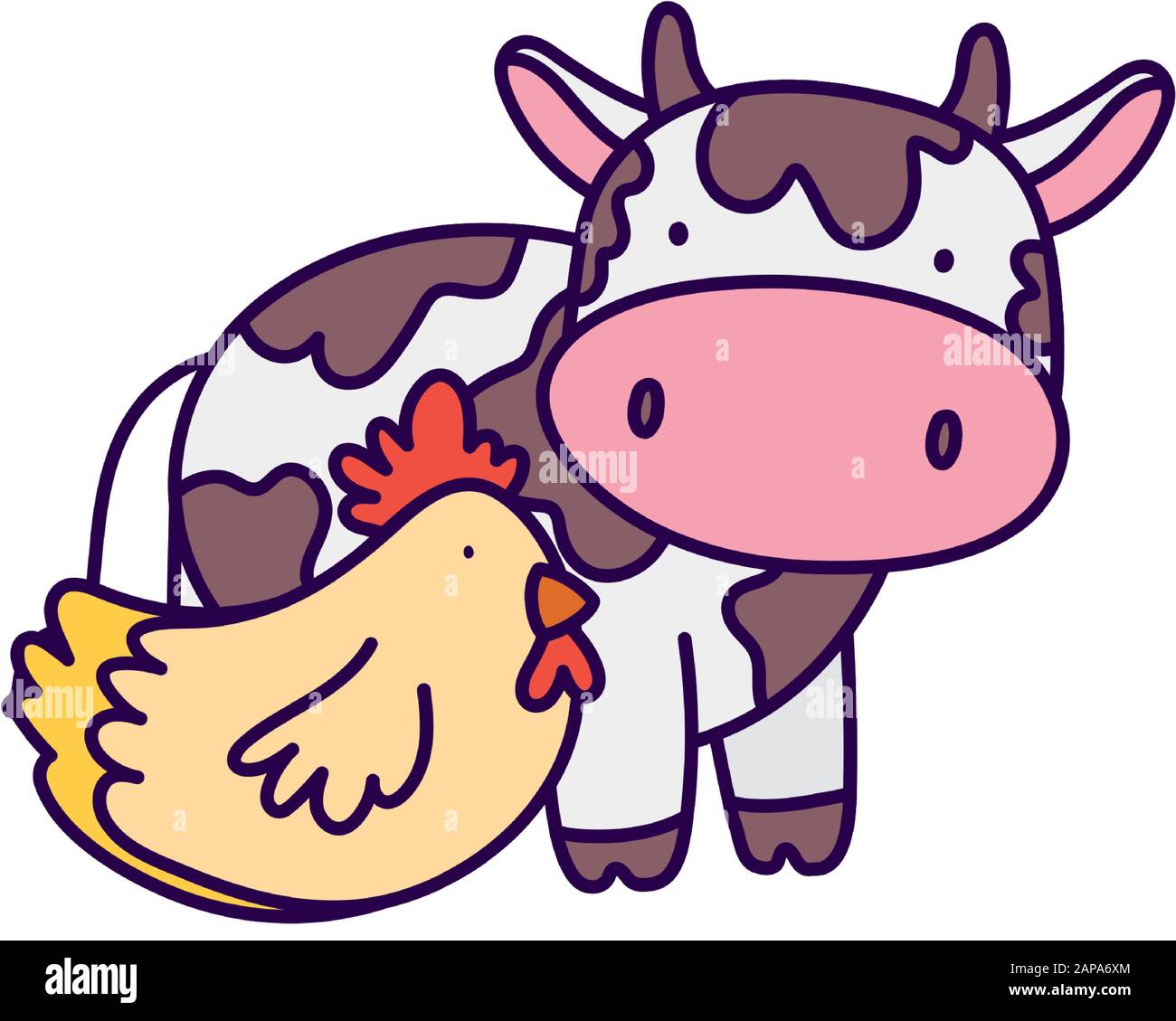 cow with chicken livestock and poultry farm animal cartoon vector ...