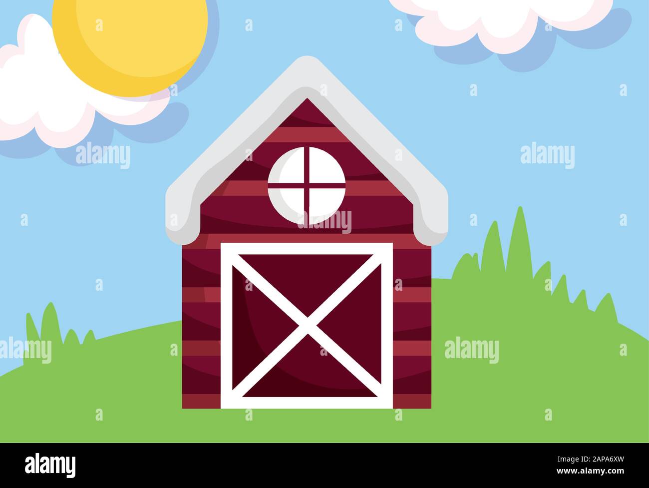 wooden barn meadow sun clouds farm cartoon vector illustration Stock ...