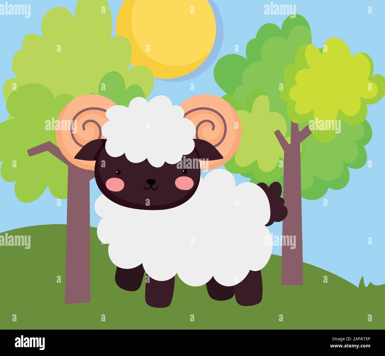 ram trees meadow sun farm animal cartoon vector illustration Stock ...