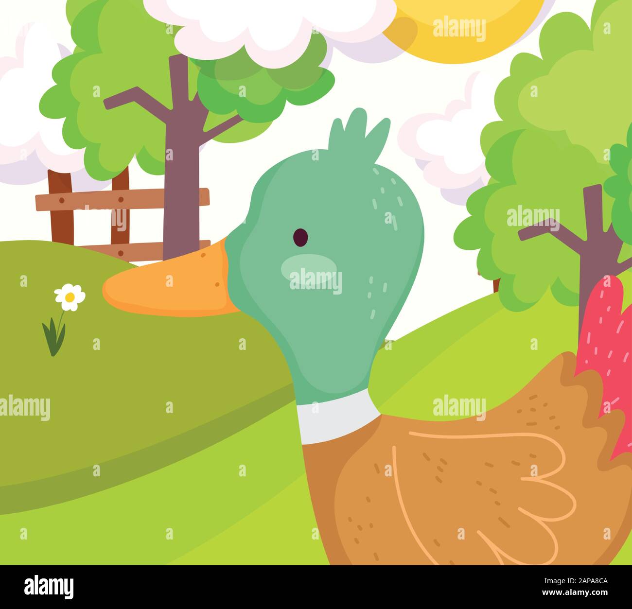 duck flower field trees fence farm animal cartoon vector illustration ...