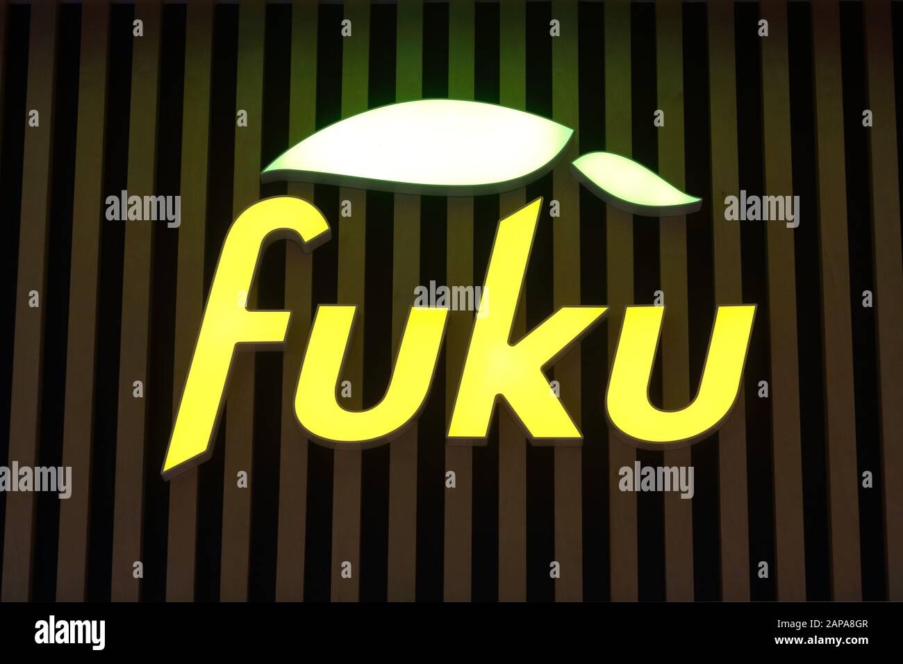 A Fuku logo on wood at an eatery in the Hudson Yards mall in Manhattan ...