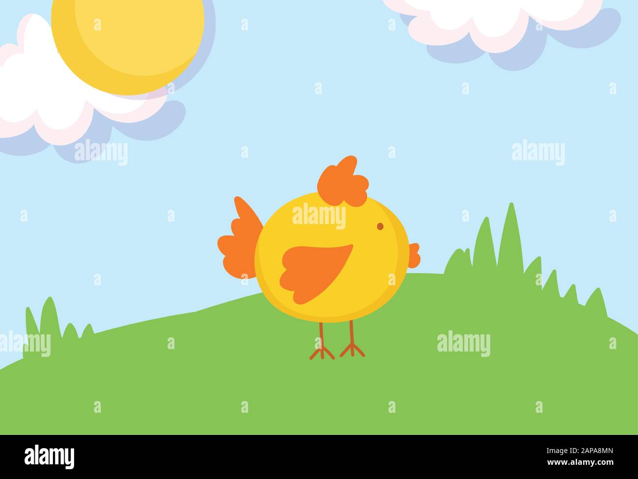 cute chicken in the grass sun clouds farm animal cartoon vector ...