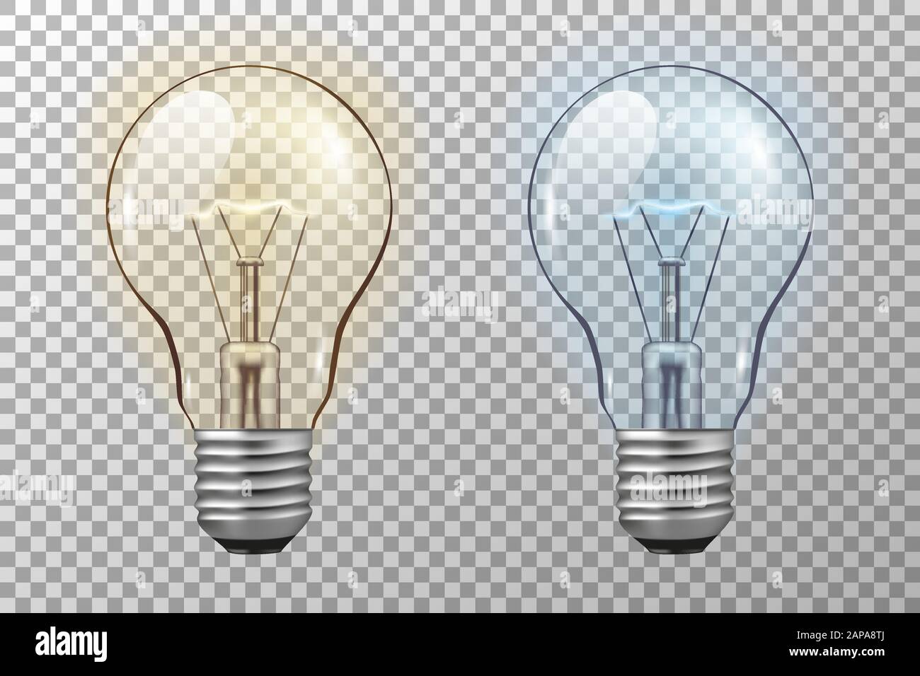 Realistic light bulb. Glowing yellow and blue filament lamps. Vector 3D ...