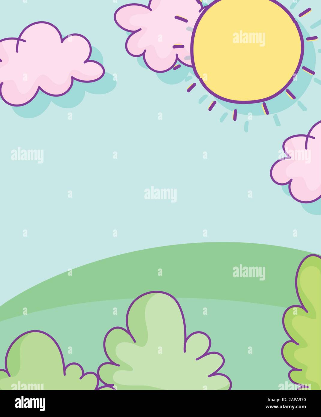 landscape foliage grass sun clouds hearts love cartoon vector ...