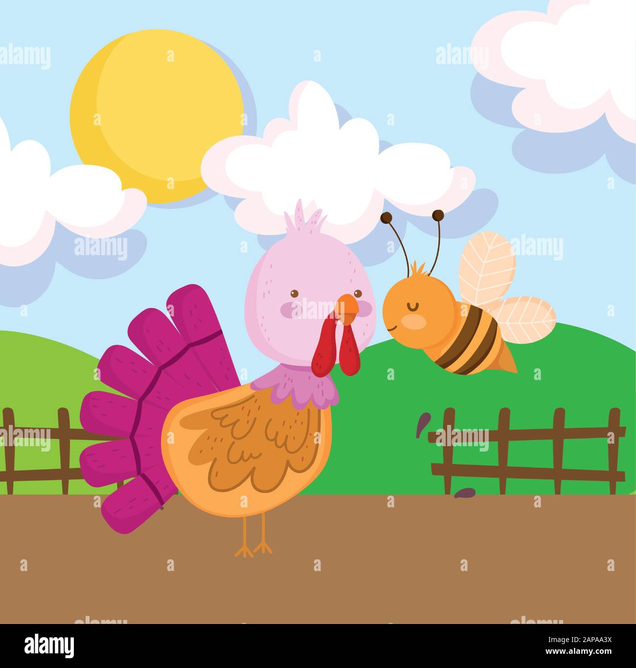 turkey and bee wooden fence grass sun farm animal cartoon vector ...