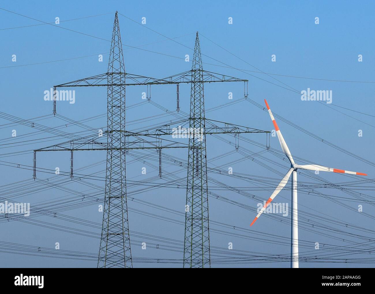 Peitz, Germany. 21st Jan, 2020. A wind turbine can be seen behind high ...