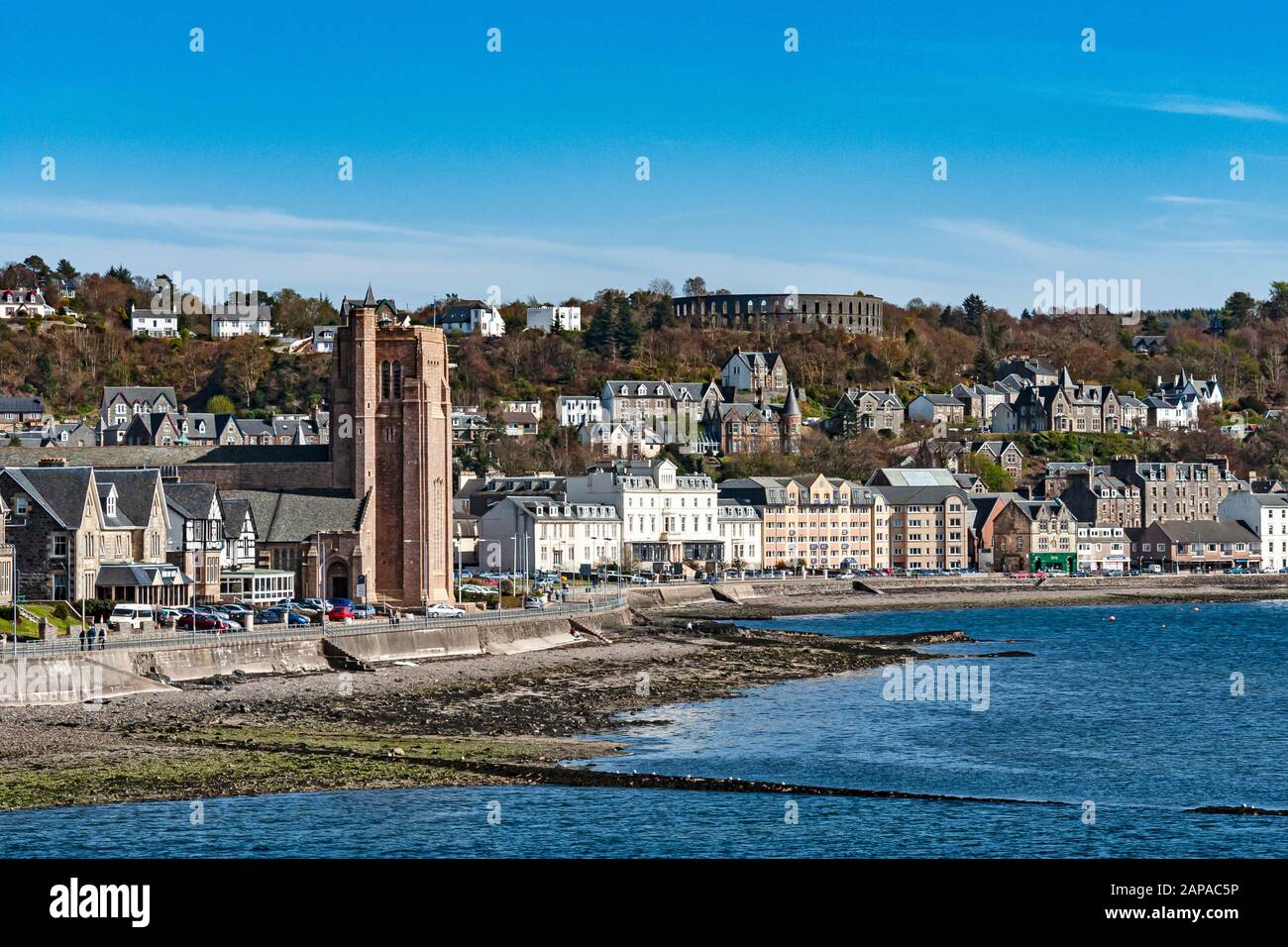 Oban Bay at the Esplanade in Oban with St Columba's Cathedral in Oban ...