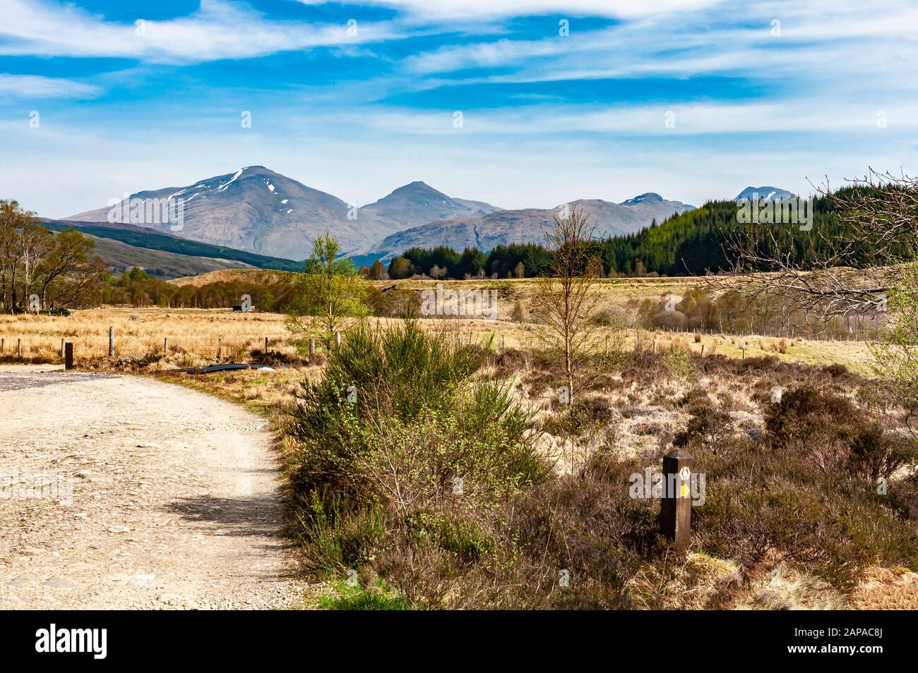 Scottish mountains Ben More and Stob Binnein viewed from road leading ...