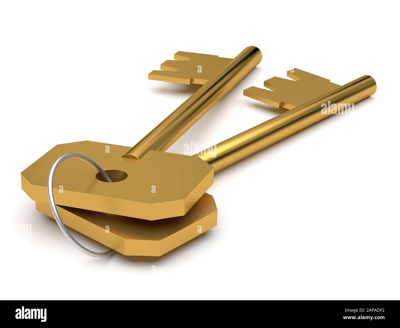 Two golden keys with ring isolated on white background. 3d rendering ...