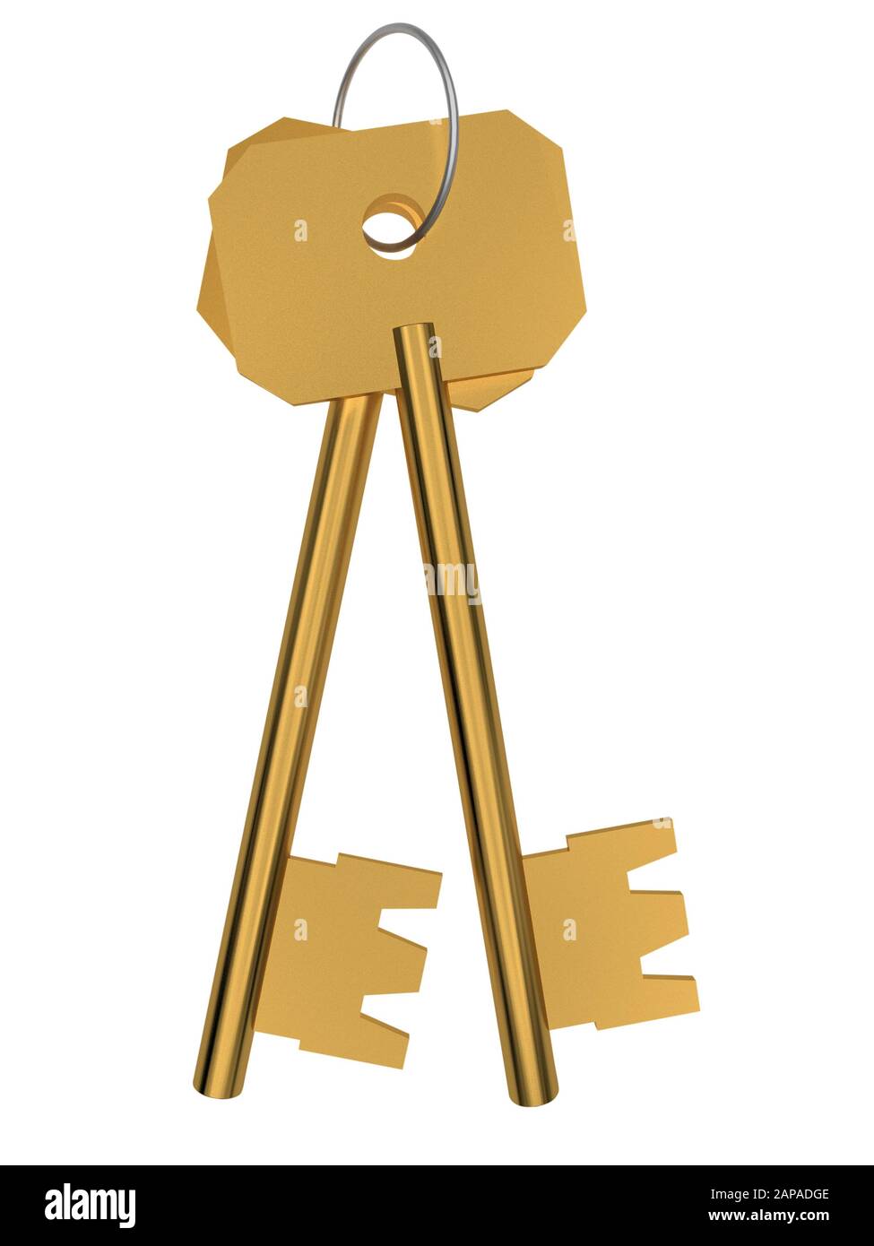 Two golden keys with ring isolated on white background. 3d rendering ...