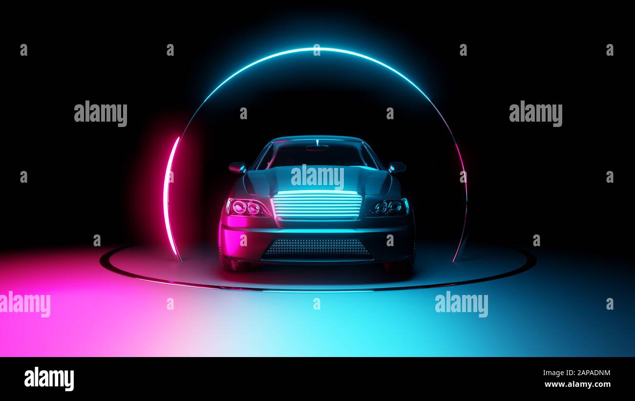 Car with neon light circle frames on dark background. 3D illustration ...